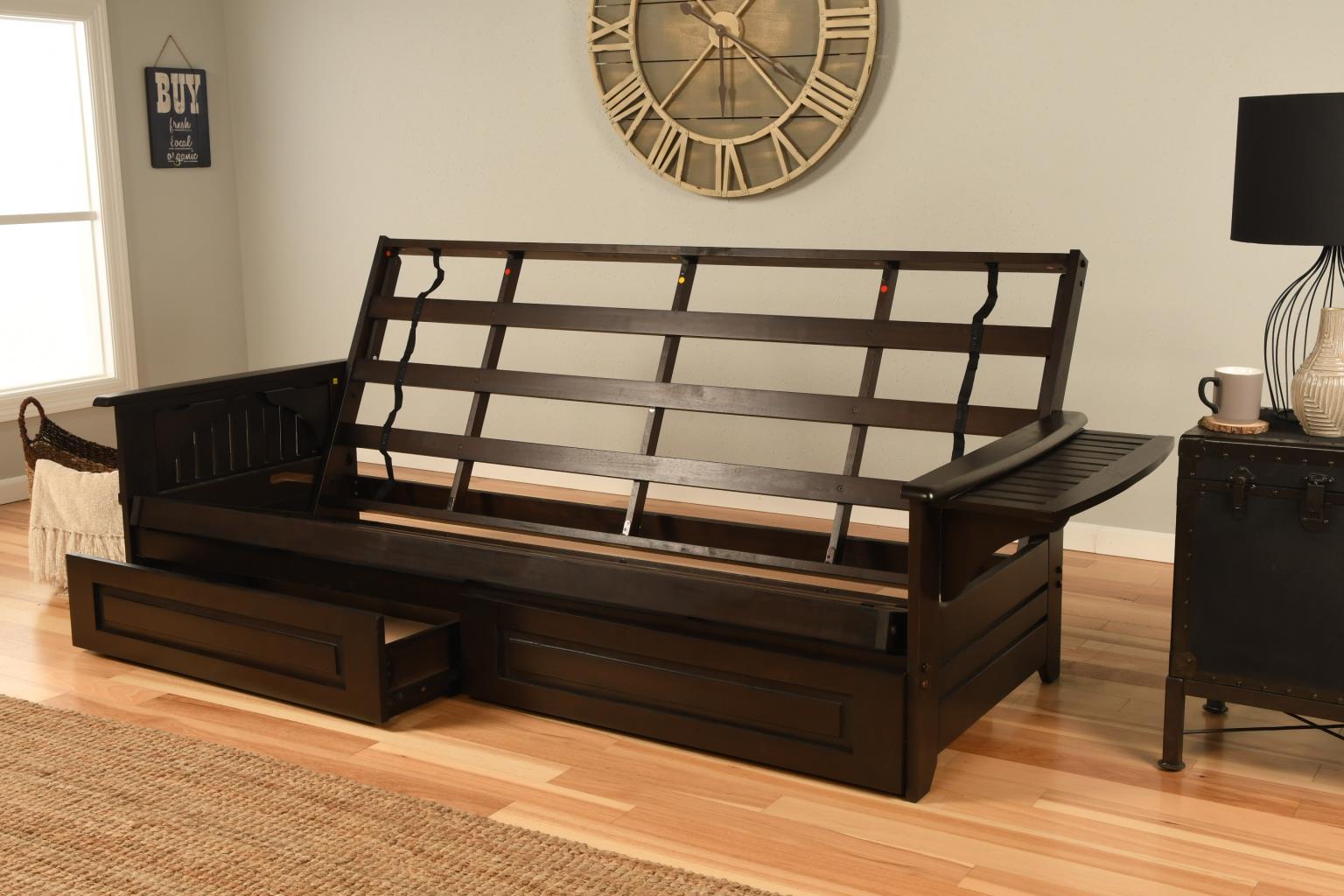 Phoenix Queen size Futon Frame in Espresso Finish Includes Storage Drawers